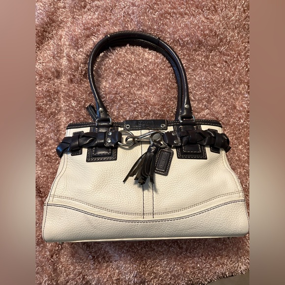 Coach | Bags | Coach Hampton Cream And Braided Brown Leather Handbag ...